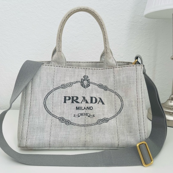Prada | Bags | Prada Mini Canapa Tote Two Way Shoulder Gray Denim ...